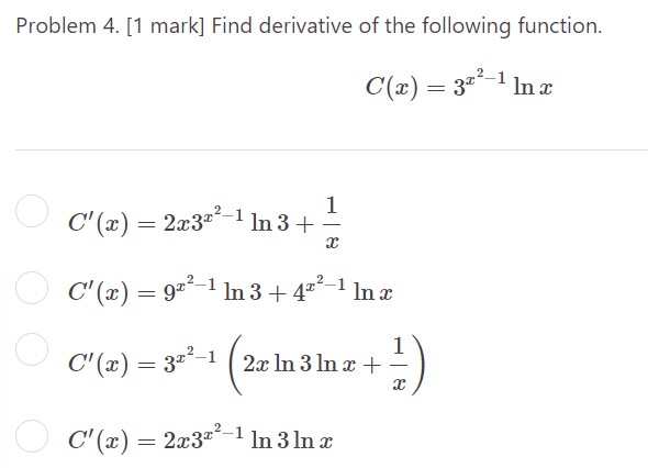Solved Problem 4. [1 ﻿mark] ﻿Find derivative of the | Chegg.com