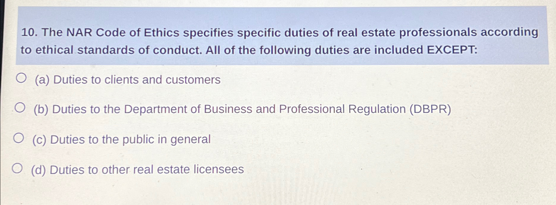 Solved The NAR Code of Ethics specifies specific duties of | Chegg.com