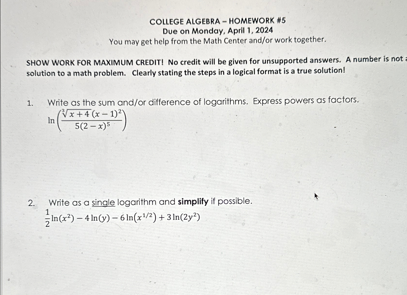 Solved COLLEGE ALGEBRA - ﻿HOMEWORK #5Due on Monday, April | Chegg.com