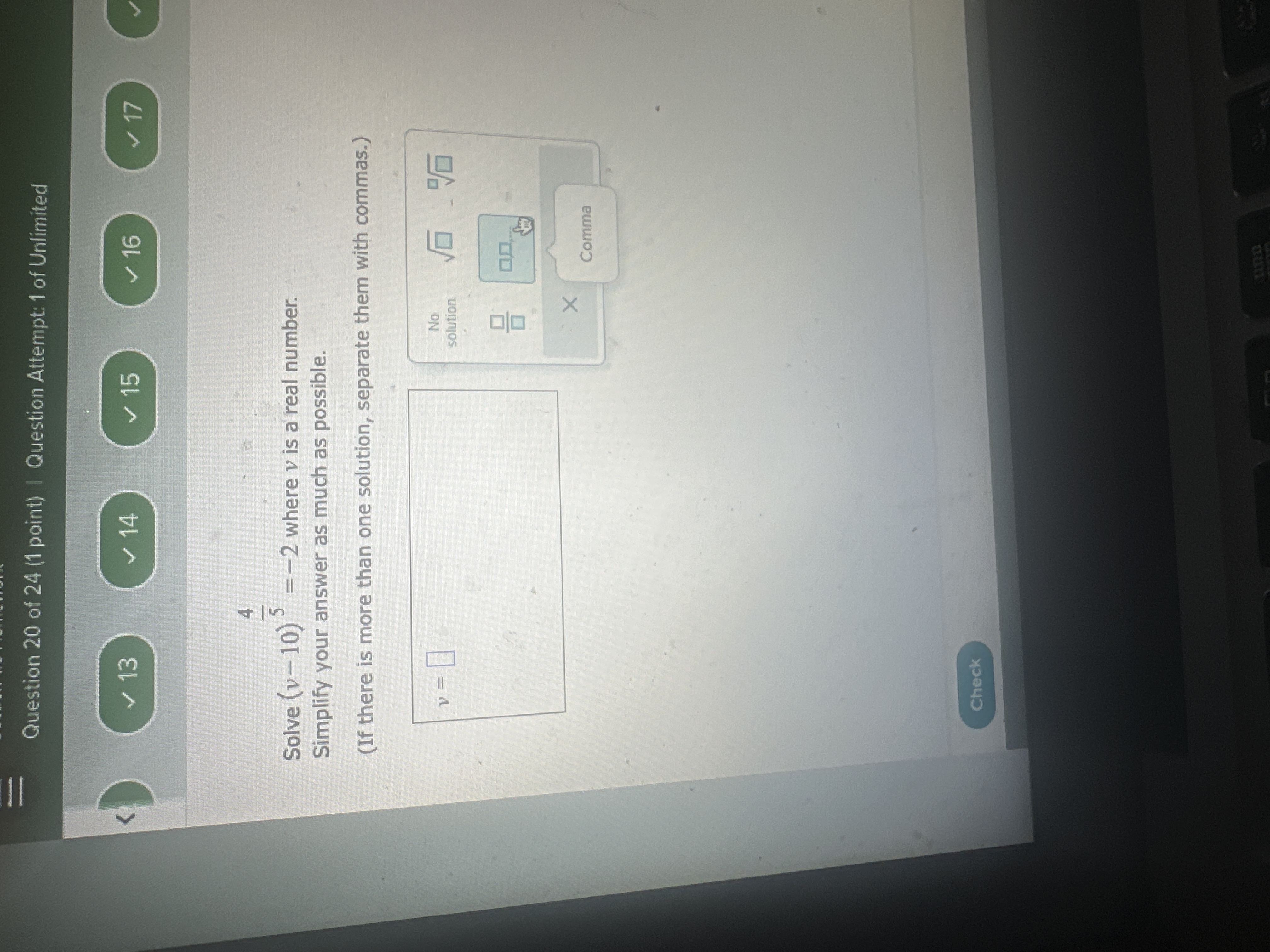 Solved Solve (v-10)45=-2 ﻿where v ﻿is a real number. | Chegg.com