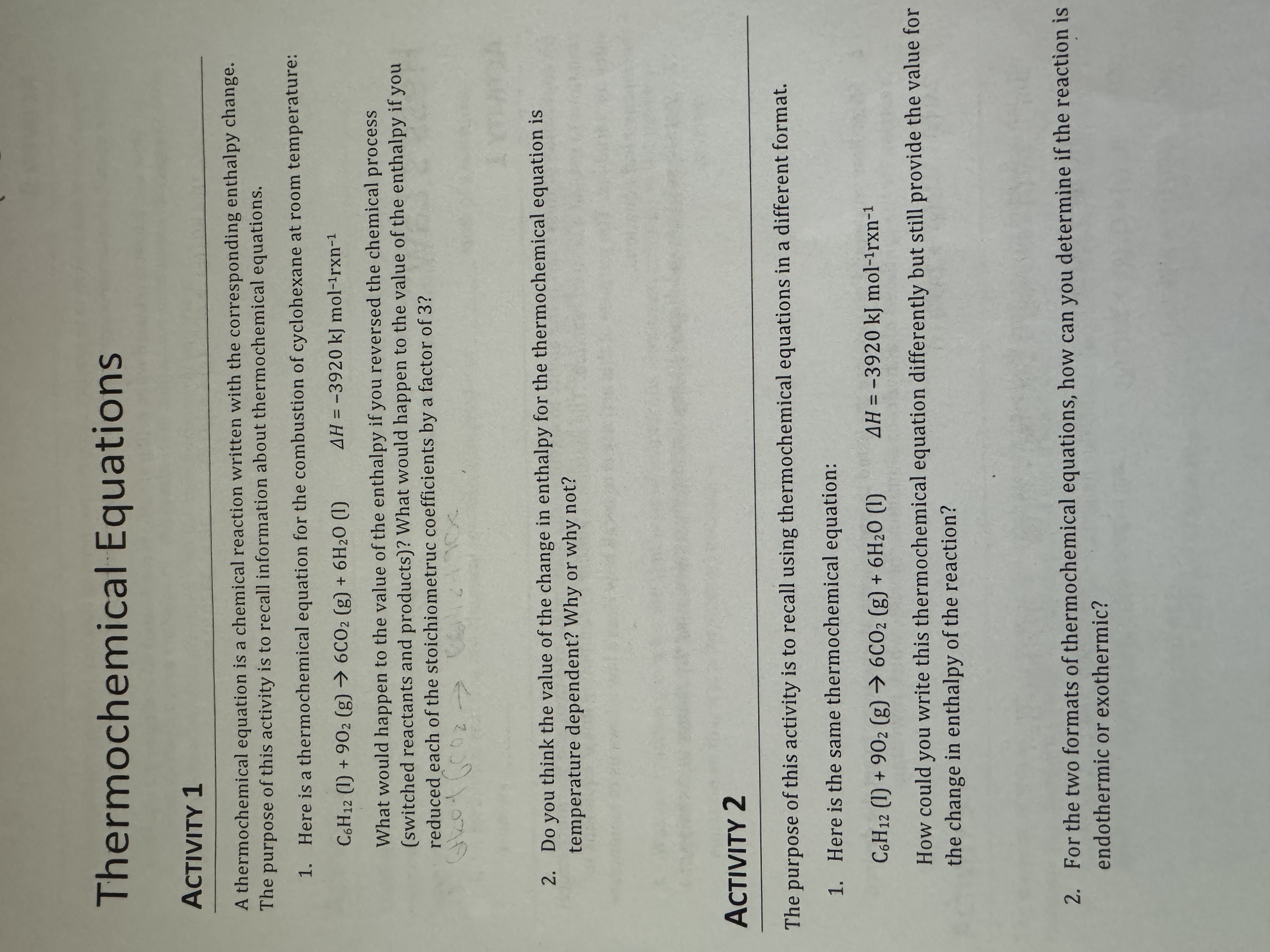 Solved Thermochemical EquationsACTIVITY 1A thermochemical | Chegg.com
