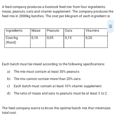 Solved A feed company produces a livestock feed mix from | Chegg.com