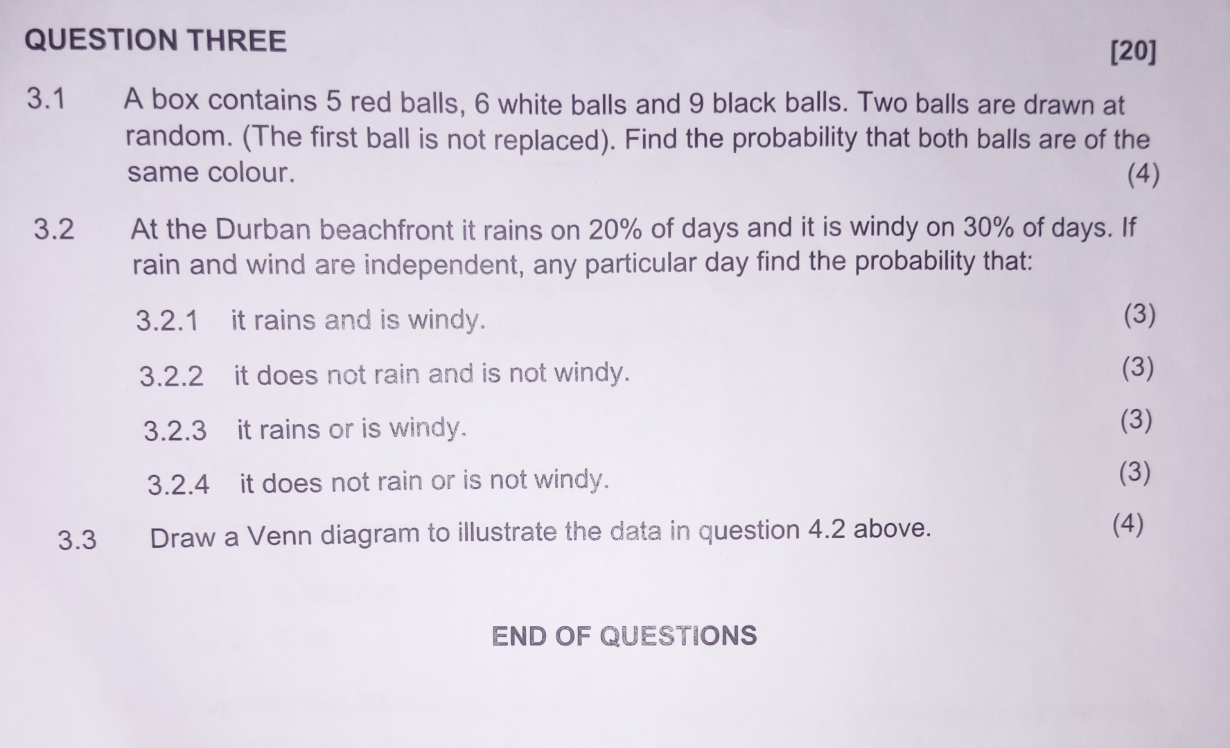 Solved QUESTION THREE[20]3.1 ﻿A box contains 5 ﻿red balls, 6 | Chegg.com