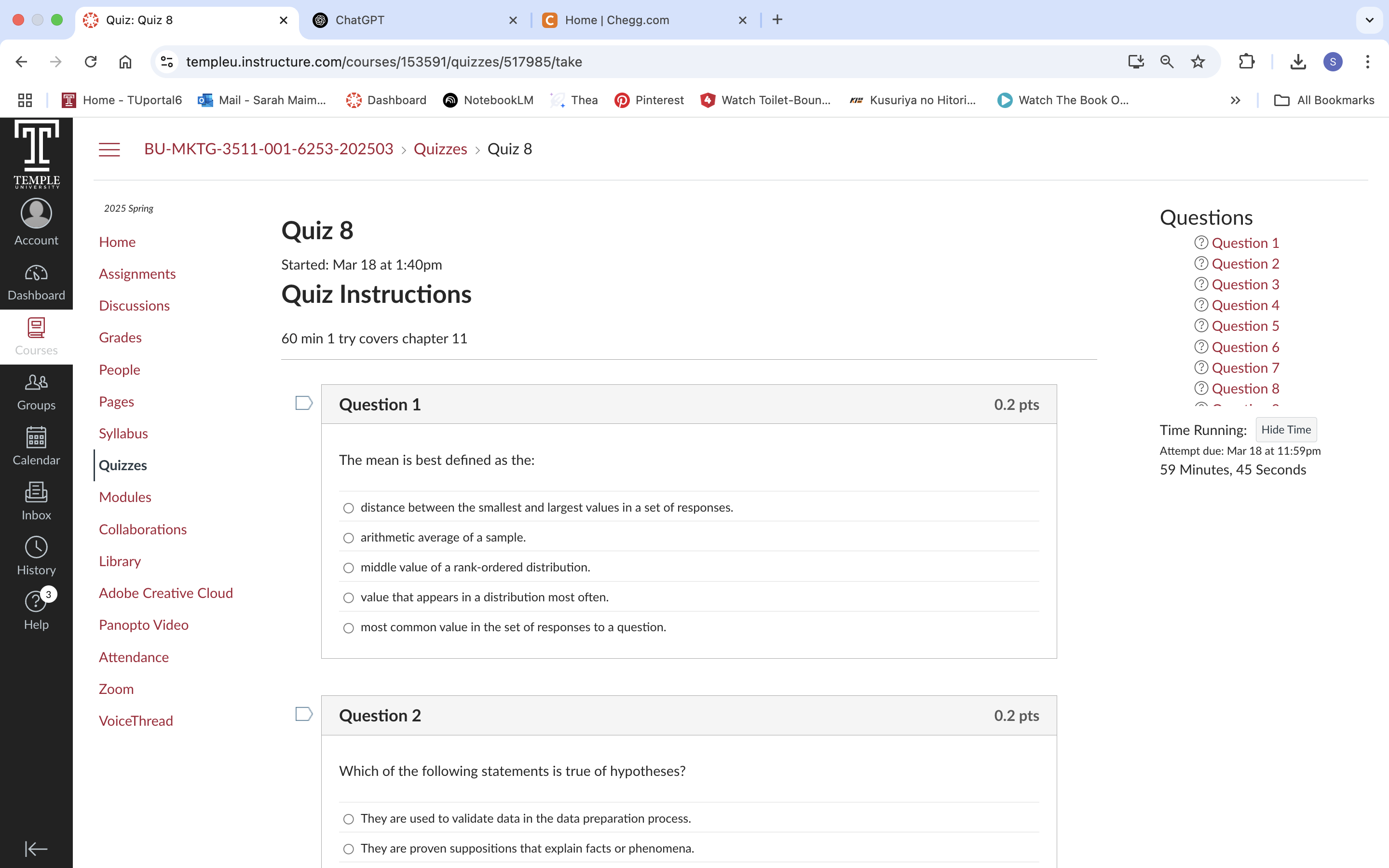 Quiz 8 ﻿Started: Mar 18 ﻿at 1:40pm Quiz Instructions | Chegg.com