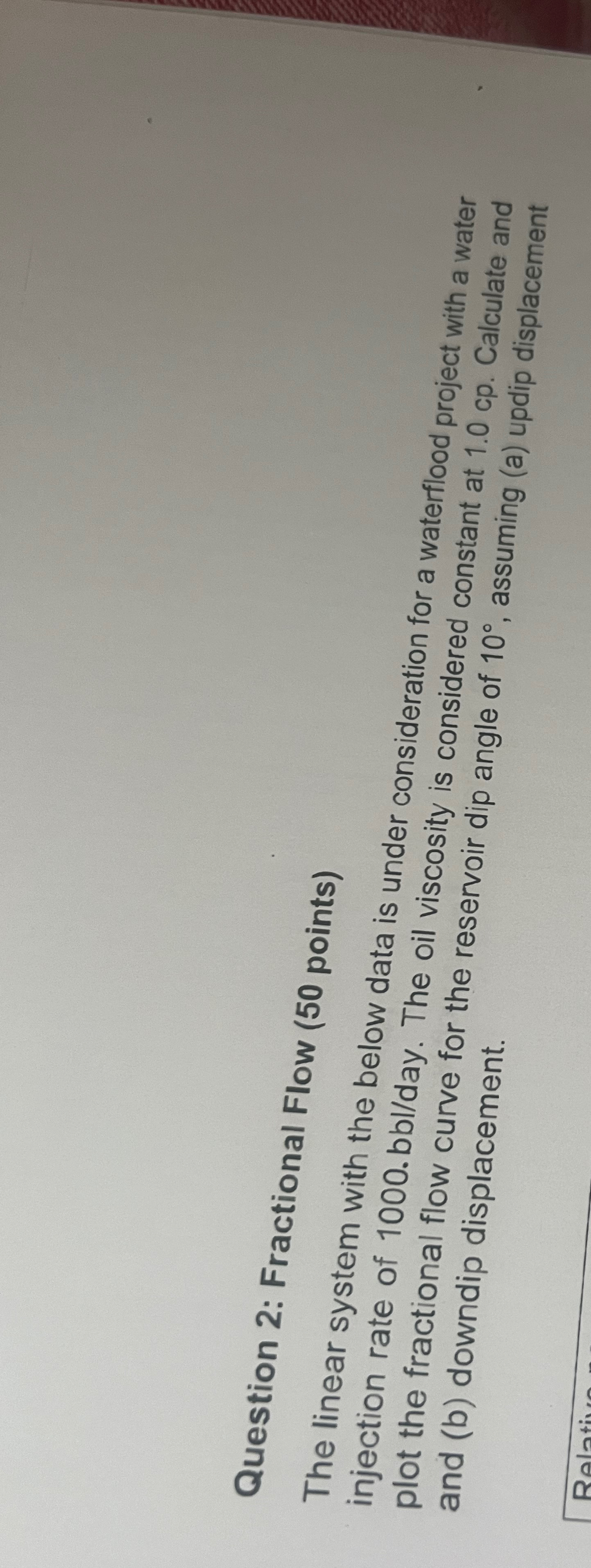 Solved Question 2: Fractional Flow ( 50 ﻿points)The linear | Chegg.com