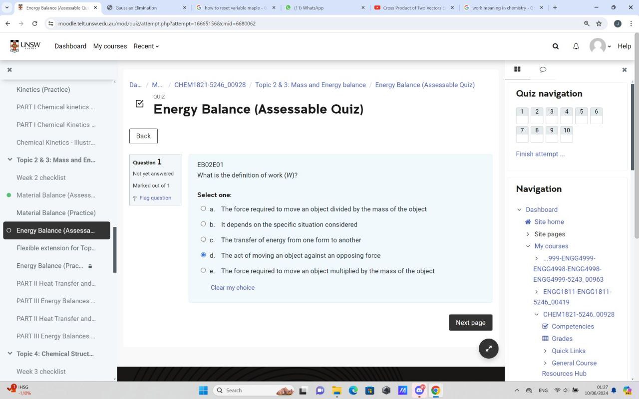 Solved EB02E01 ﻿What is the definition of work (W) ? ﻿Select | Chegg.com