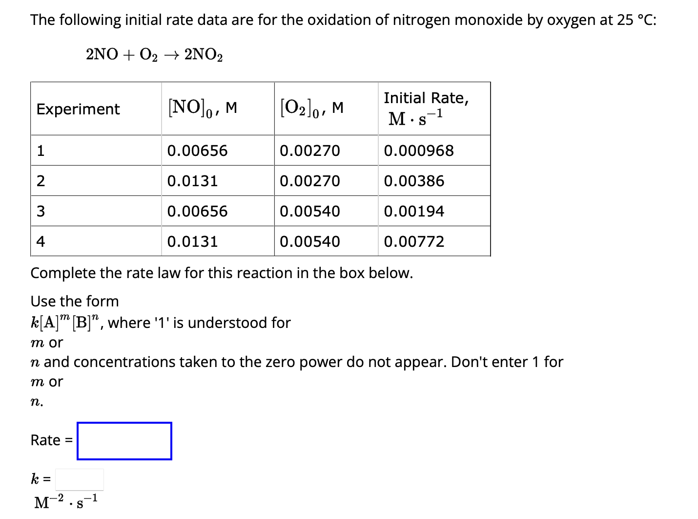 Solved The following initial rate data are for the oxidation | Chegg.com