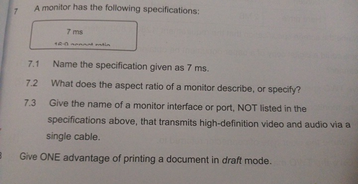 Solved 1 ﻿A monitor has the following specifications: 7.1 | Chegg.com