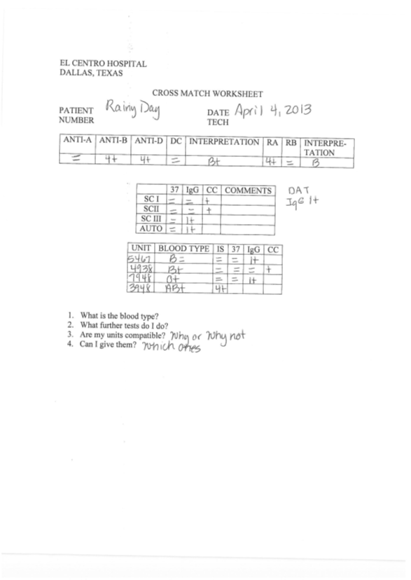 CROSS MATCH WORKSHEET?{:[ PATIENT ] NUMBER ﻿Rainy | Chegg.com