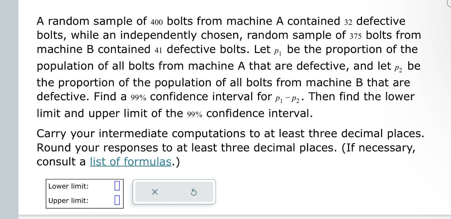 Solved A random sample of 400 ﻿bolts from machine A | Chegg.com