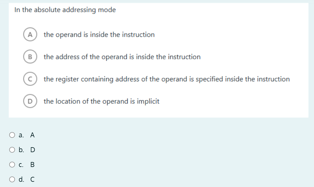 Solved In the absolute addressing mode the operand is inside | Chegg.com