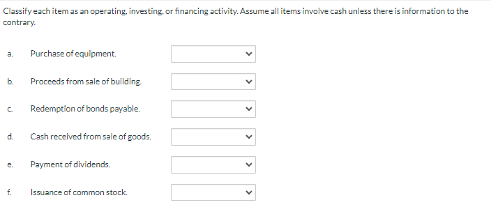 Solved Classify each item as an operating, investing, or | Chegg.com