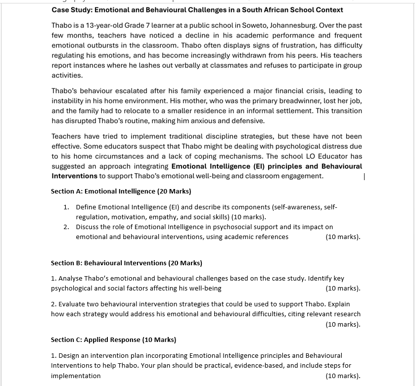 Solved Case Study: Emotional and Behavioural Challenges in a | Chegg.com