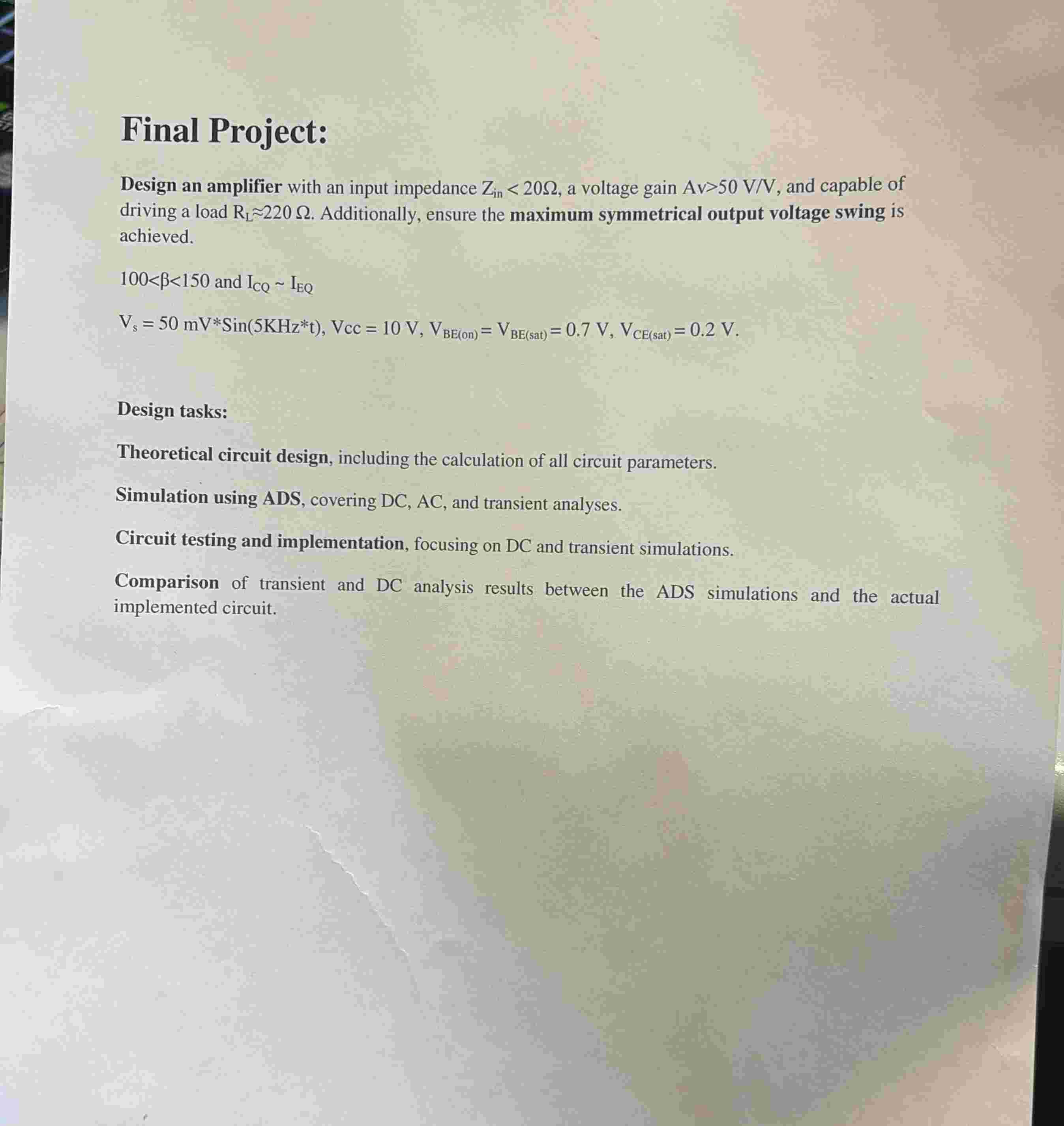 Final Project:Design an ﻿amplifier with an ﻿input | Chegg.com