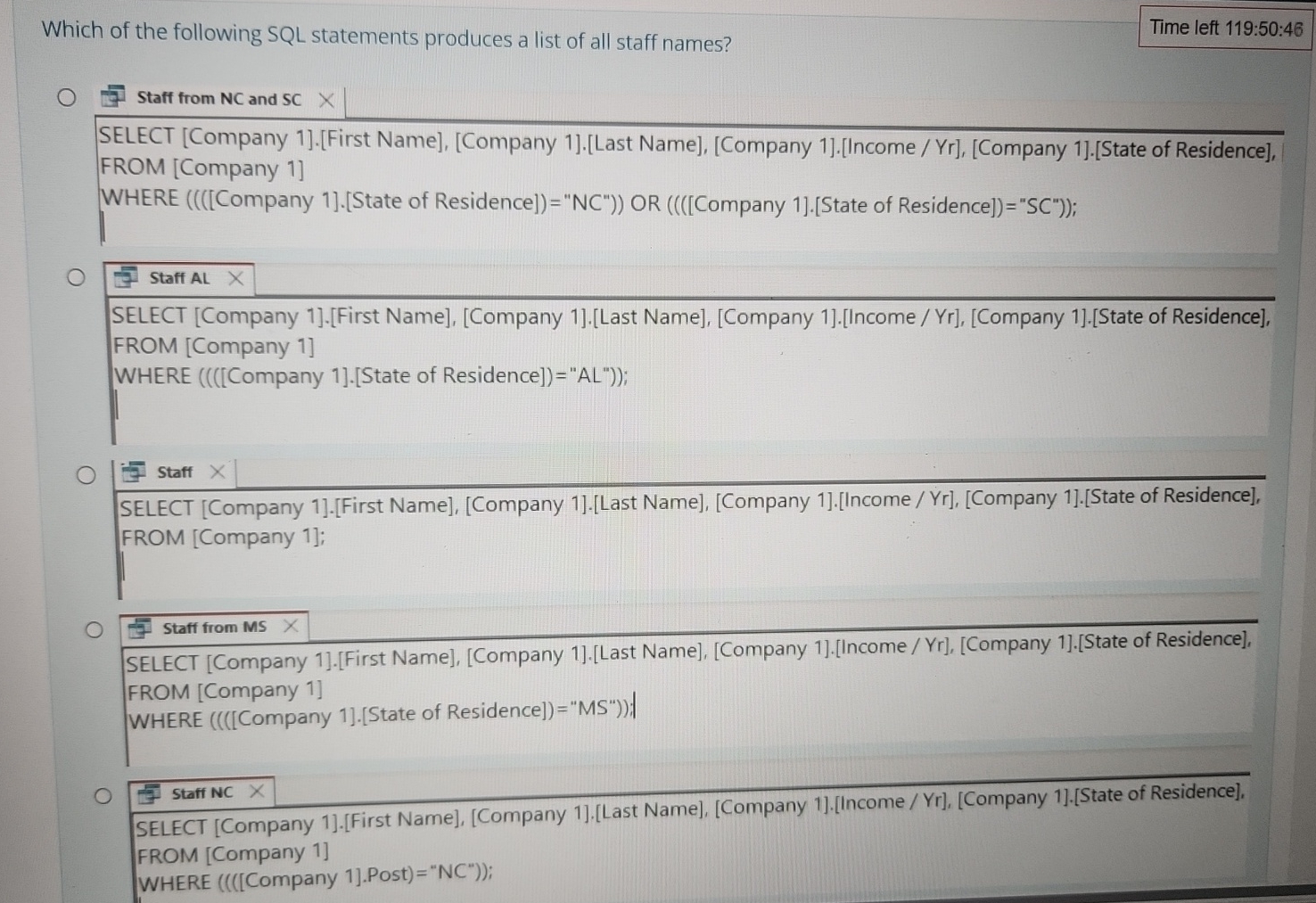 Solved Which of the following SQL statements produces a list | Chegg.com