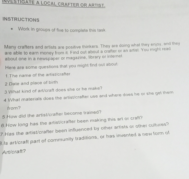 Solved NVESTIGATE A LOCAL CRAFTER OR ARTIST. INSTRUCTIONS | Chegg.com