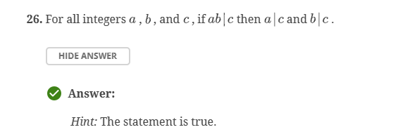 Solved For all integers a,b, ﻿and c, ﻿if ab|c ﻿then a|c ﻿and | Chegg.com