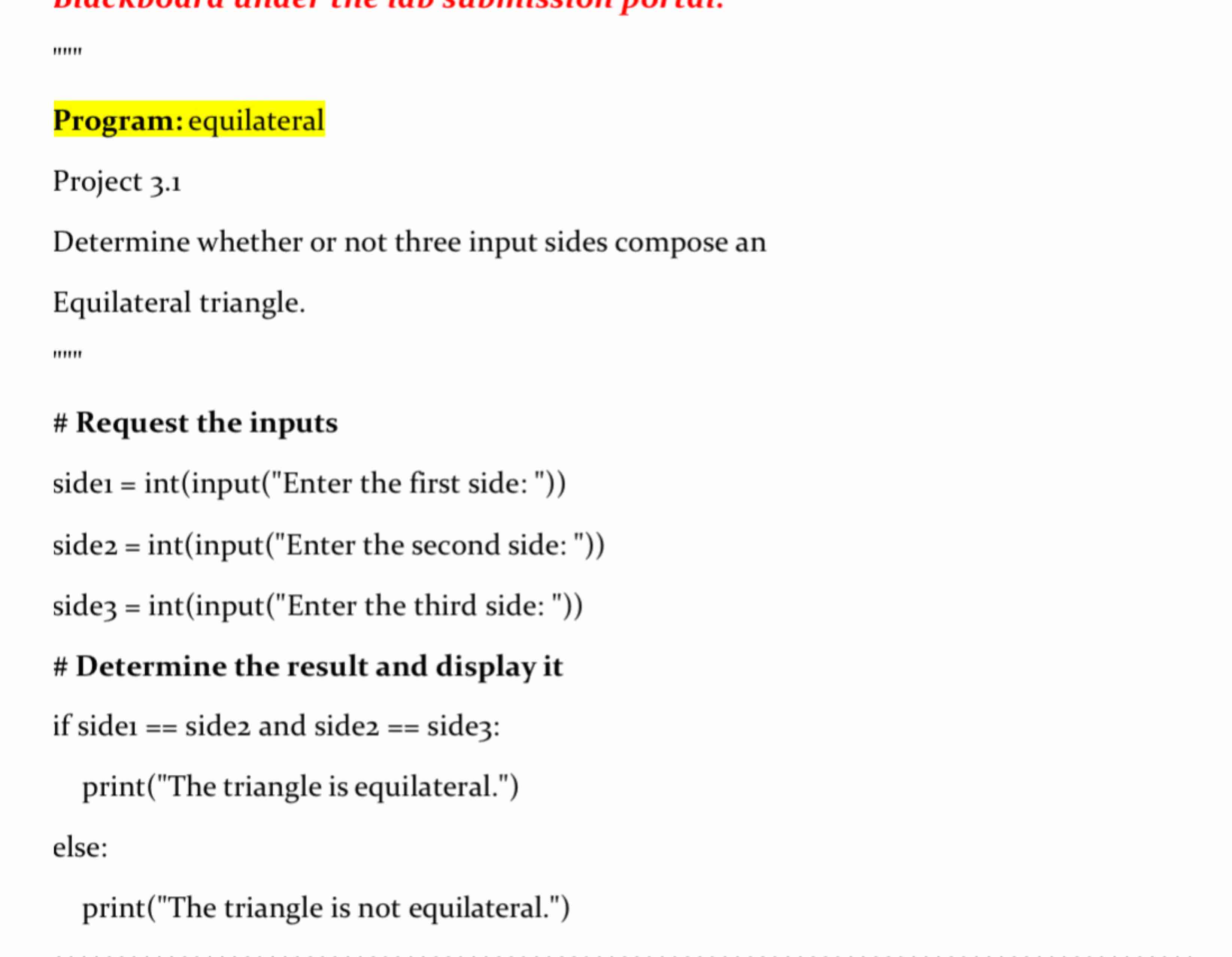 Solved Program: equilateral Project 3.1 ﻿Determine whether | Chegg.com