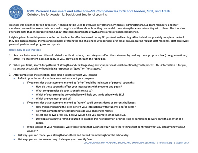 Solved TOOL: Personal Assessment and Reflection-SEL | Chegg.com