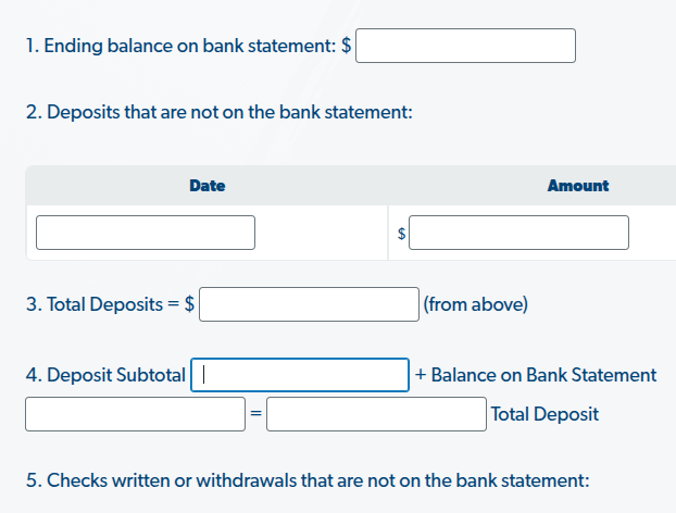 Solved 1. ﻿Ending balance on bank statement: \$ 2. ﻿Deposits | Chegg.com