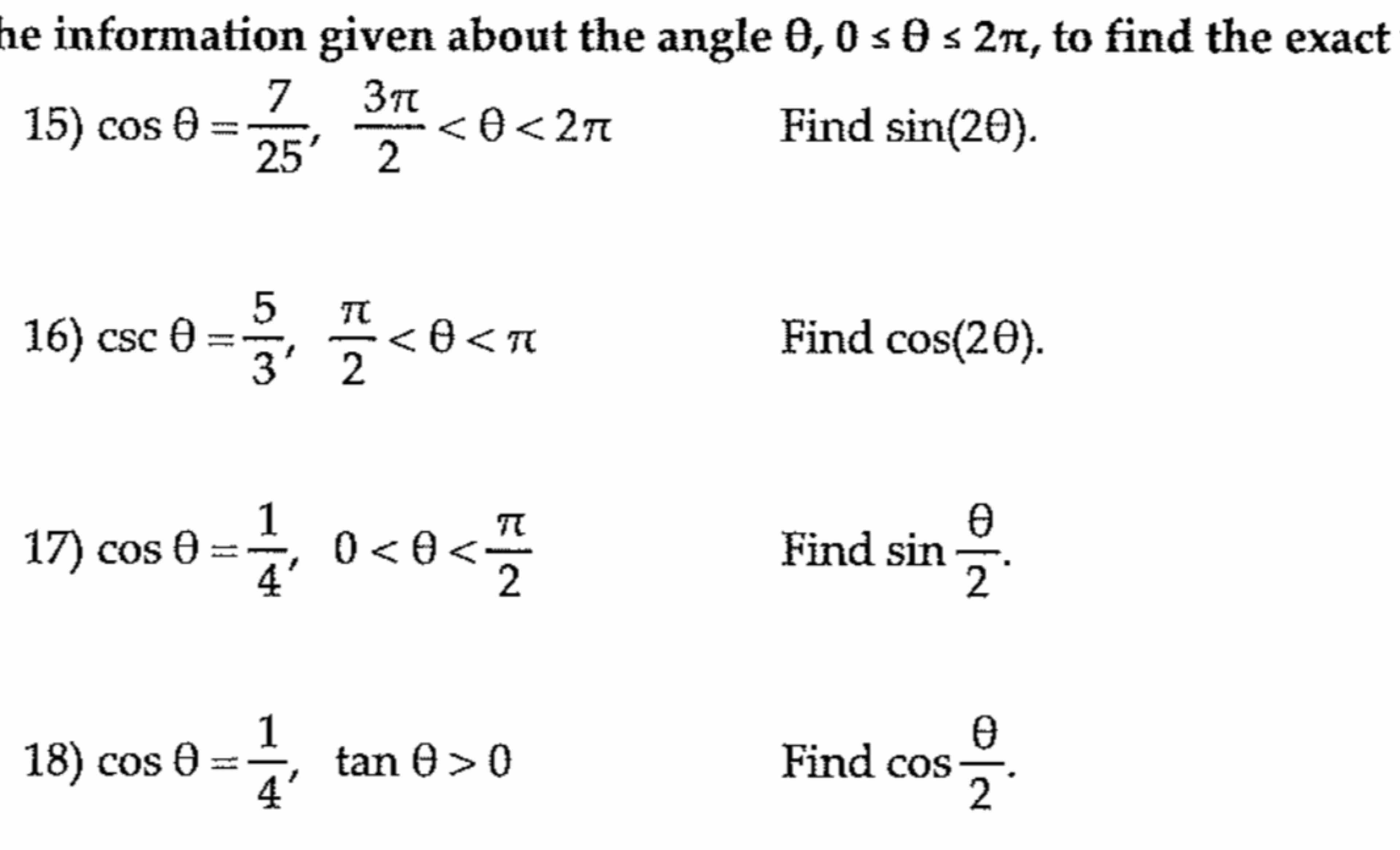 Solved information given about the angle θ,0≤θ≤2π, ﻿to find | Chegg.com