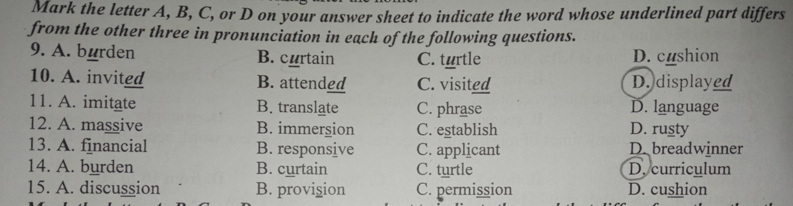 Solved Mark the letter A,B,C, ﻿or D ﻿on your answer sheet to | Chegg.com