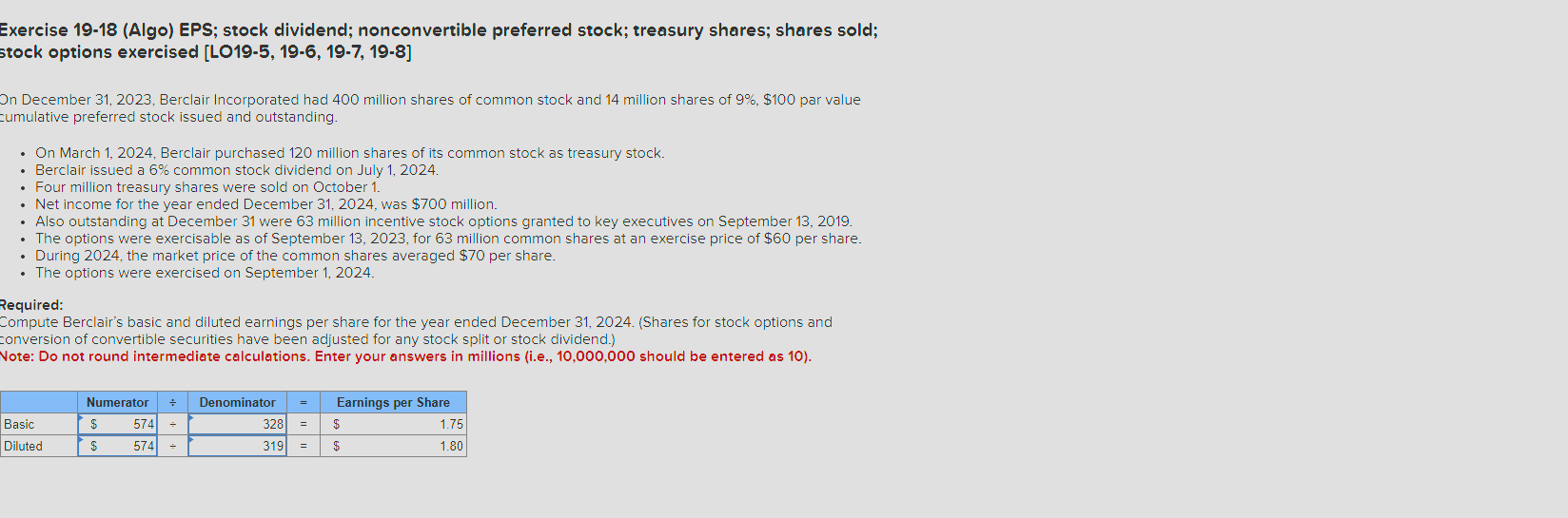 Solved Exercise 19-18 (Algo) ﻿EPS; stock dividend; | Chegg.com