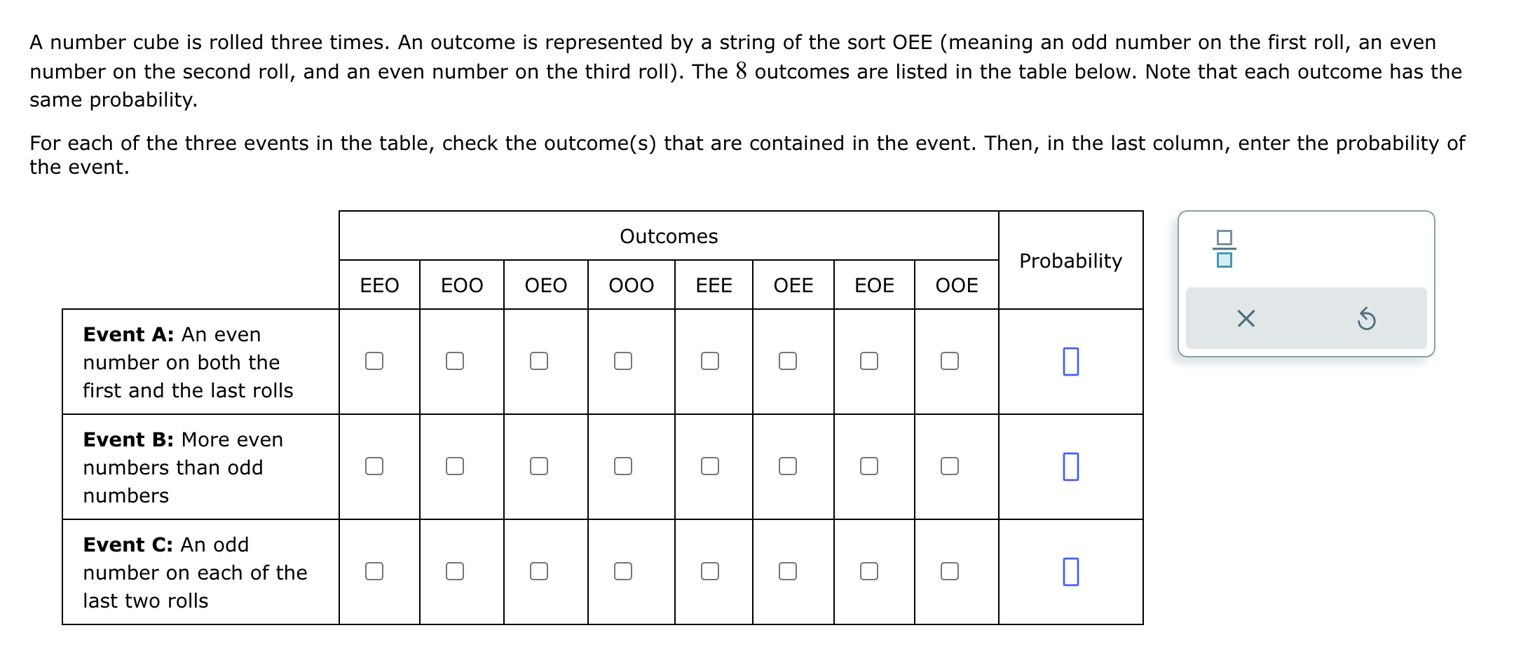 Solved A number cube is rolled three times. An outcome is | Chegg.com