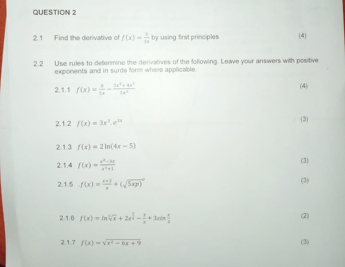 Solved QUESTION 2 2.1 ﻿Find the derivative of f(x)=53x ﻿by | Chegg.com