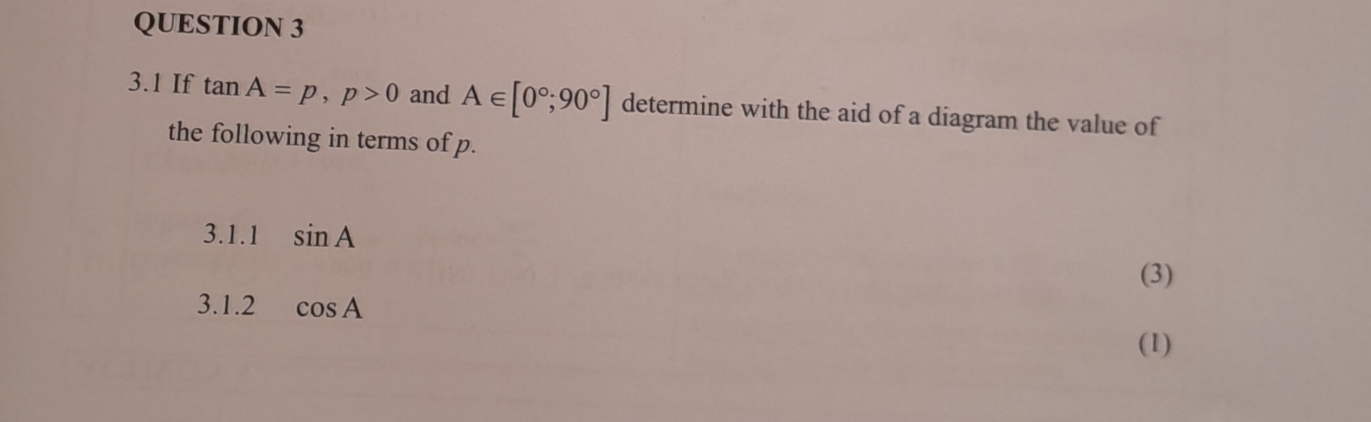 Solved QUESTION 3 3.1 ﻿If tanA=p,p>0 ﻿and Ain[0°;90°] | Chegg.com