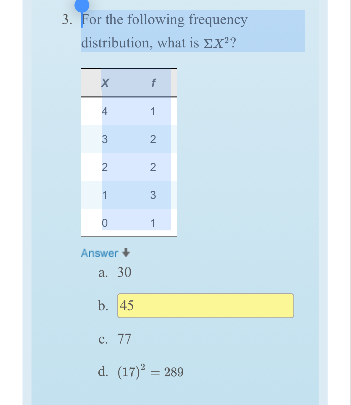 Solved For the following frequency distribution, what is | Chegg.com