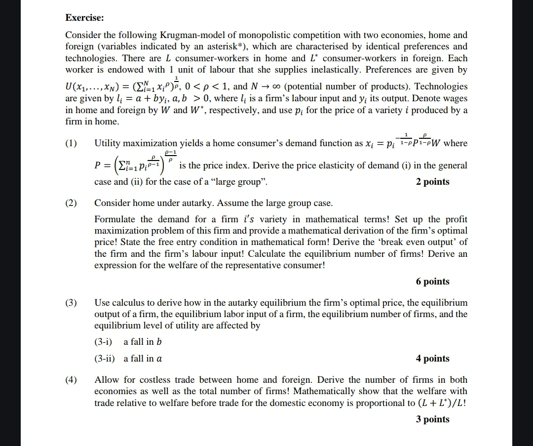 Solved Exercise:Consider the following Krugman-model of | Chegg.com