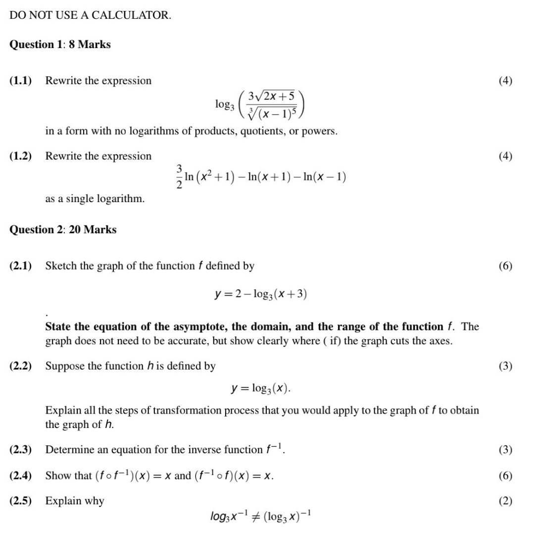 Solved DO NOT USE A CALCULATOR.Question 1: 8 ﻿Marks(1.1) | Chegg.com