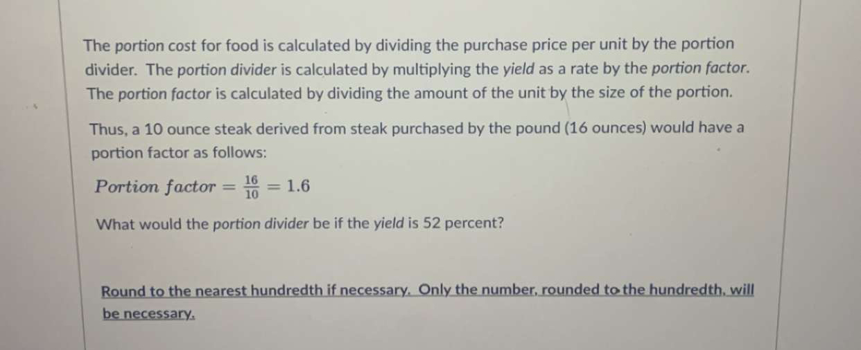 Solved The portion cost for food is calculated by dividing | Chegg.com