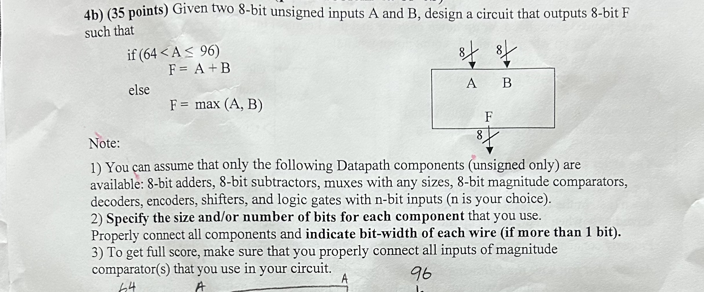 Solved 4b) (35 ﻿points) ﻿Given two 8-bit unsigned inputs A | Chegg.com