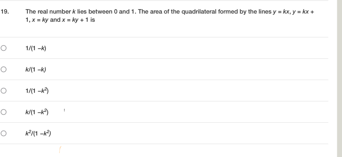 Solved The real number k ﻿lies between 0 ﻿and 1. ﻿The area | Chegg.com
