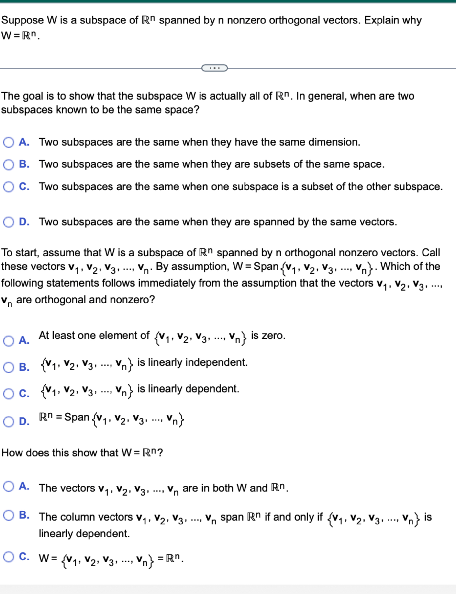 Solved Suppose W ﻿is a subspace of Rn ﻿spanned by n ﻿nonzero | Chegg.com