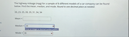 Solved The highway mileage (mpg) ﻿for a sample of 8 | Chegg.com