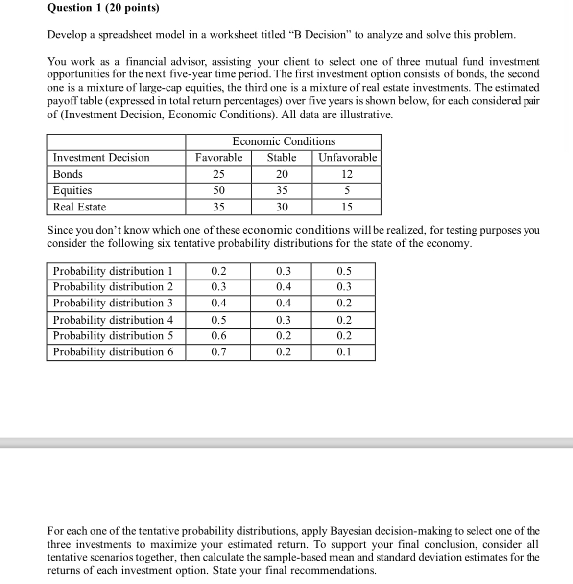 Solved Question 1 (20 ﻿points)Develop a spreadsheet model in | Chegg.com