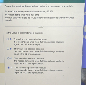 Solved Determine whether the underlined value is a parameter | Chegg.com