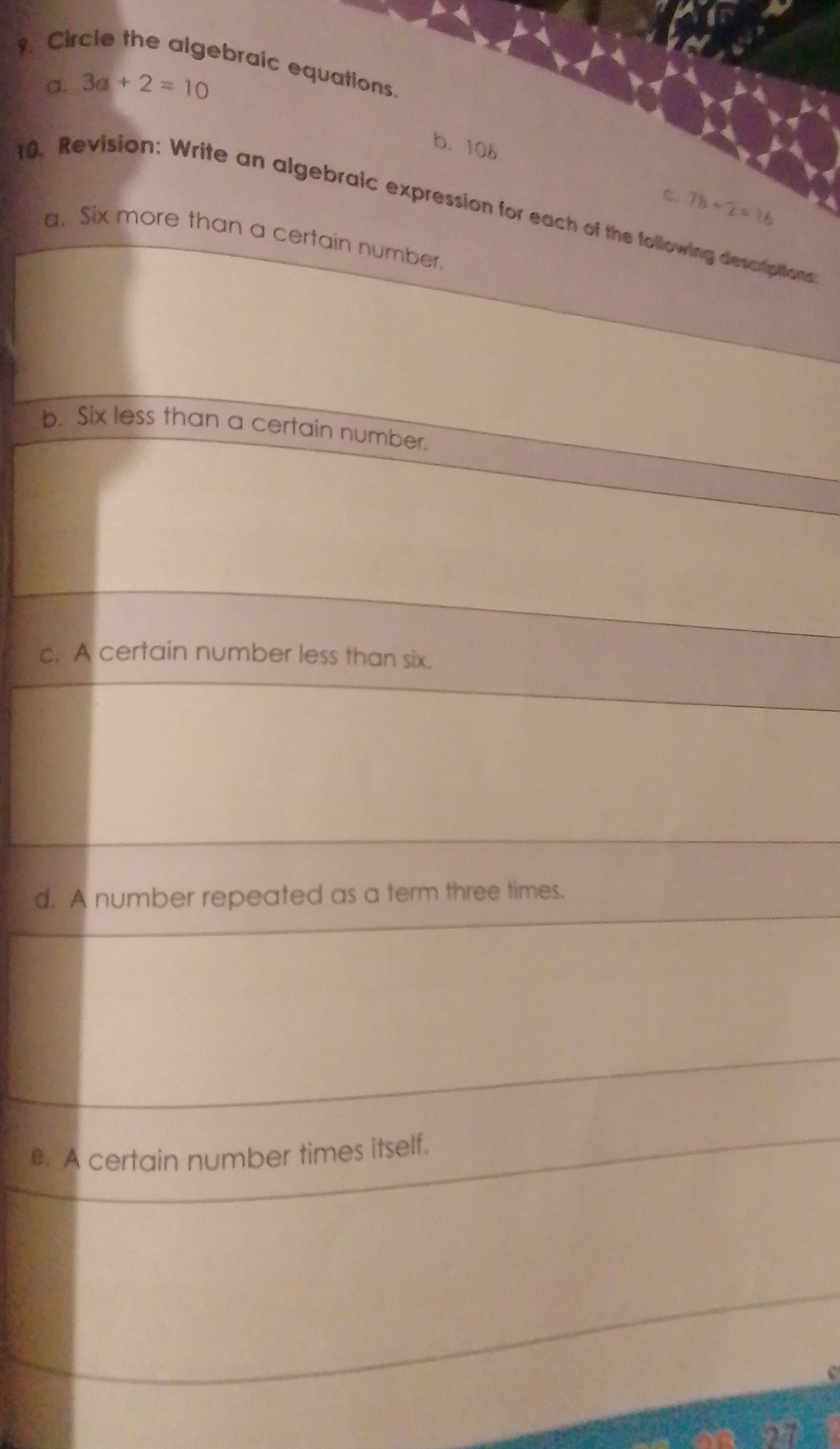Solved Circle the algebraic equations. a. 3a+2=10 ﻿b. 106 | Chegg.com