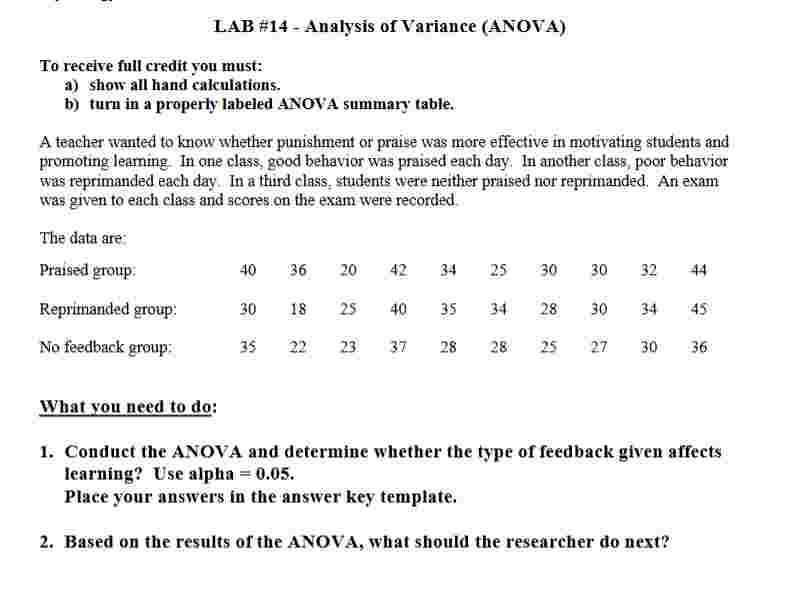 Solved by an EXPERT LAB \#14 - ﻿Analysis of Variance (ANOVA)To receive | Chegg.com